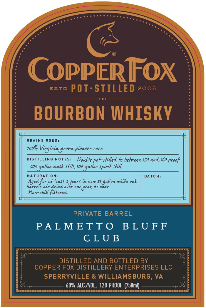 Buy Copper Fox Bourbon Whisky – Private Barrel Palmetto Bluff Club ...